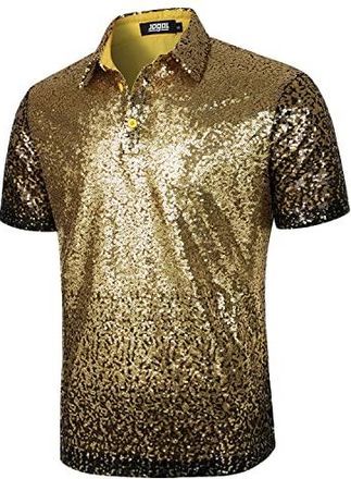 JOGAL Chemise à paillettes années 70 pour homme - Manches courtes - Pour fête discothèque - Polo à paillettes, noir/or, XL