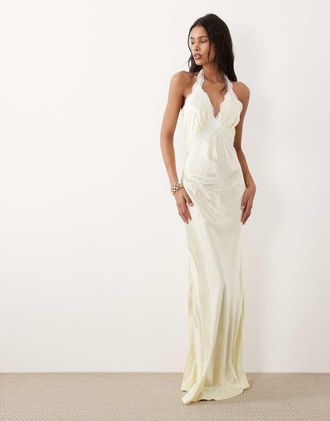 SNDYS Robe longue dos nu en satin et dentelle contrastante - Citron-Jaune