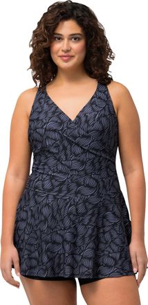 Ulla Popken Damen Badekleid April Mit Shorts, Blätter Badeanzug, Schwarz, 62 EU