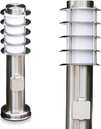 HOFSTEIN Wegeleuchte Tunes mit Steckdose, kleine Stehlampe aus Edelstahl mit Schuko Stecker, ideal als Gartenleuchte, sch&ouml;nes Design, Sockelleuchte, E27-Fassun