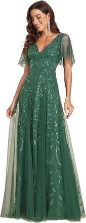 Ever-pretty Robes de Soirée Femmes Longues Manches Volants Tulle Paillettes de Feuilles Col V Chic Vert Eucalyptus 54