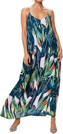 Generic Robes amincissantes pour femmes, robe longue d&eacute;t&eacute; d&eacute;contract&eacute;e, col en V, sans manches, boh&egrave;me, ample, &eacute;paules fines, motif floral, vert fonc&eacute;, 3XL