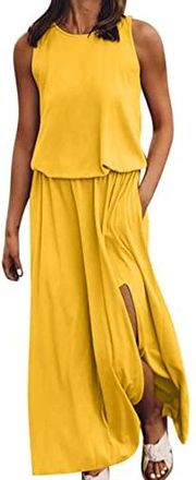 Generic Robe boh&egrave;me 2026 pour femme, col rond, sans manches, avec fente lat&eacute;rale, style boh&egrave;me, jaune, XXL