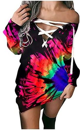 Generic Robes amincissantes 2026 pour femmes, robe &agrave; bretelles d&eacute;nud&eacute;es, col en V, manches longues, l&eacute;g&egrave;re, fine, imprim&eacute;e tie-dye, Rouge, M