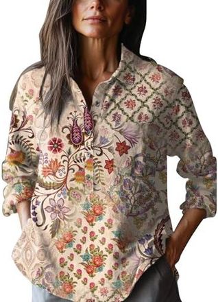 Generico Chemise Femme d&Eacute;t&eacute; &Eacute;l&eacute;gant Manches Longues T Shirt Coton Et Lin Simple Grande Taille Blouse Col V Classique Chemisier Vintage Fantaisie avec Boutons D