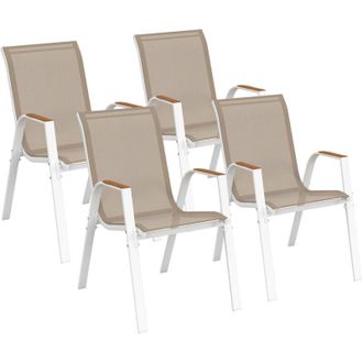 IDMarket Lot de 4 chaises de jardin NOUMEA m&eacute;tal et textil&egrave;ne empilables blanc et bois