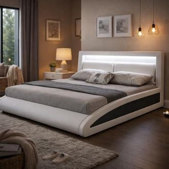 Concept Usine Lit Brixton Double en Simili Blanc avec LED Int&eacute;gr&eacute;es - Couchage 160 x 200 cm - Cadre de Lit Design 2 Places avec Sommier pour 2 Personnes - T&ecirc;te de L