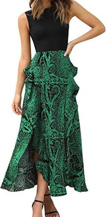 Generic Robe boh&egrave;me 2026 pour femme, sans manches, col rond, motif patchwork floral &agrave; volants, robe de cocktail midi, Vert, XXL