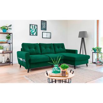 Mørteens home24 Ecksofa mit Longchair Grün/Smaragdgrün Samt Krysia 233 x 90 x 148cm Longchair davorstehend rechts mit Schlaffunktion Glamour