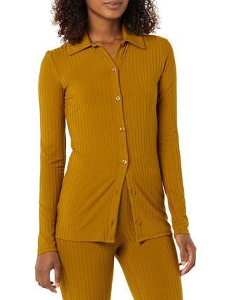 Amazon Essentials Damen Strickjacke mit weitem Rippstrick, lang&auml;rmelig, Knopfleiste (Hose separat erh&auml;ltlich), Braun, Gr&ouml;&szlig;e L