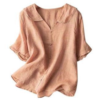 Generic Chemisiers en lin pour femme - Manches courtes - Col en V - Style ethnique - Tunique &agrave; col rabattu - V&ecirc;tements tendance, Orange, XXL