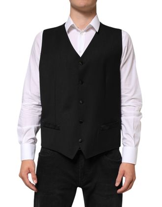 Dolce & Gabbana Black Wool Dress Formal Men Waistcoat Vest Silk Elastane
