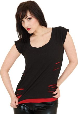 Spiral Urban Fashion - 2In1 Red Ripped Top Schwarz - XXL