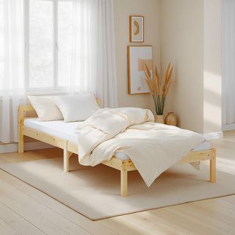 Homestyle4u Holzbett 90x200 mit Lattenrost Kiefer Plattformbett Holz Natur Bettgestell Einzelbett G&auml;stebett Massivholzbett Schlafzimmer | Artikel 888
