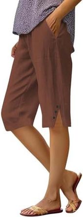 Generico Pinocchietti Femme dÉté Coton et Lin au Genou Capri Bermuda Élégant Décontracté Large Pantalon 7/8 Tailles Élastique Shorts Femme Léger Confortable Ta