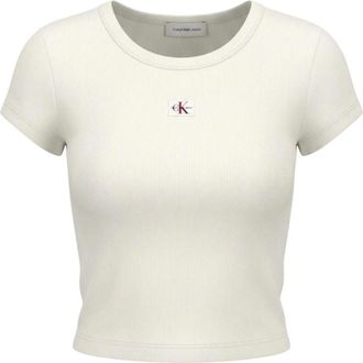 Calvin Klein Jeans Femme, Tops, Beige, Taille: 36 FR T-shirt en coton &agrave; manches courtes et col rond