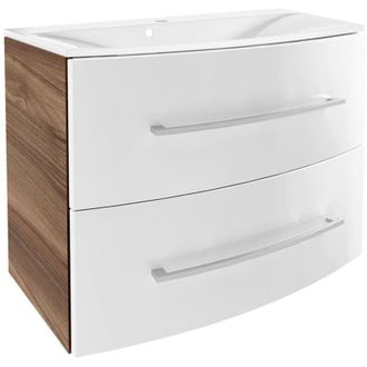 Fackelmann VERONA Badm&ouml;bel Set 2-teilig 80 cm breit, Braun Dunkel/Wei&szlig; Hochglanz, Gussmarmor-90322145