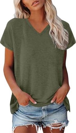 Generic Chemisier uni à manches courtes pour femme, élégant et confortable, coupe ample, col en V, t-shirt décontracté pour toutes les occasions, vêtements po