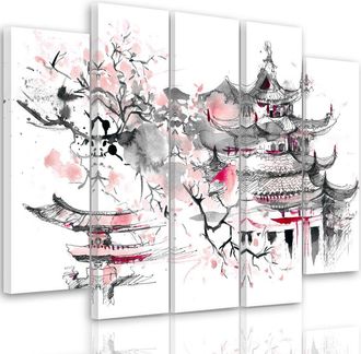 Feeby Leinwandbild - 5 Teile - Bilder, Wand Bild, Wandbilder, Kunstdruck XXL, 5-Teilig, Typ B, 200x100 cm, JAPAN, ARCHITEKTUR, GRAU