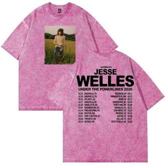 Generic Jesse Welles Under The Powerlines Tour 2026 T-shirt en coton d&eacute;lav&eacute; unisexe &agrave; manches courtes et col rond, rose, 4XL