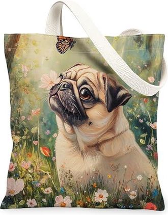 Generic Sac fourre-tout en toile motif carlin printanier 33 x 38,1 cm, sac d&eacute;picerie r&eacute;utilisable pour femme, animal de compagnie, motif de voyage, d&eacute;coration