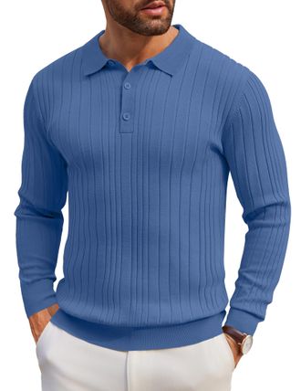 Coofandy Herren Polokragen Pullover Langarm Business Strickpullover Einfarbig Basic Polohemd Männer Schmale Streifen Pullover Royalblau 3XL