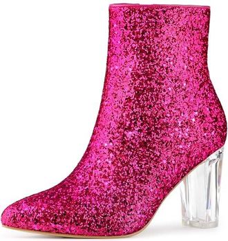 Allegra K Femme Bottines Pailletées Talon Bloc Transparent Rose 38