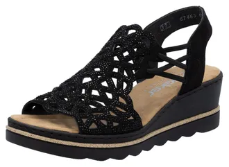 Rieker Keilsandalette RIEKER, Damen, Gr. 39, schwarz, Textil, Veloursleder, unifarben, Schuhe, Sommerschuh, Plateausandale, Schlupfschuh mit Schmucksteinchen