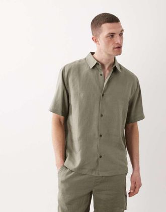 Asos Locker geschnittenes Hemd aus 100% Leinen in Khaki, Kombiteil-Gr&uuml;n