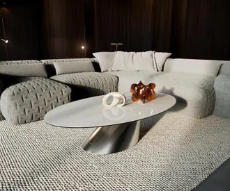 DELIFE Couchtisch Edge Oval 135x80 cm Keramik Onyx Champagne Conis Edelstahl geb&uuml;rstet, Couchtische