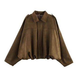 Generic Veste bomber en daim pour femme, manteau de pilote &agrave; revers de printemps, veste de moto surdimensionn&eacute;e, v&ecirc;tements dext&eacute;rieur tendance streetwear, mar