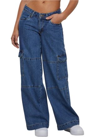 Urban Classics Damen Hose Ladies Low Waist Cargo Denim mid Indigo Washed 29