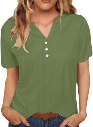 Generic Chemisier d&eacute;t&eacute; ample &agrave; manches courtes et revers roul&eacute; avec patte de boutonnage pour femme, coupe ample, col en V, pour le travail, les vacances | Hau