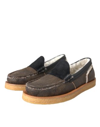 Dolce & Gabbana Brown Black Fur Leather Loafers Men Shoes And Calf