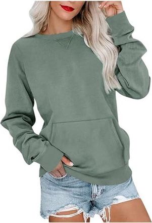 Generic Sweats &agrave; capuche sportifs solides pour femmes, v&ecirc;tements de travail tendance avec poches, v&ecirc;tements mignons &agrave; manches longues d&eacute;contract&eacute;s, col rond, 