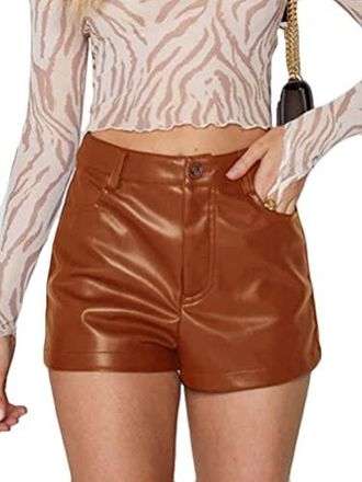 ORANDESIGNE Pantalon en Cuir pour Femmes Sexy Mode Skinny Stretch Court Leggings Taille Haute Elastique PU Cuir Pantalon Push Up Fesse Shorties I Marron M