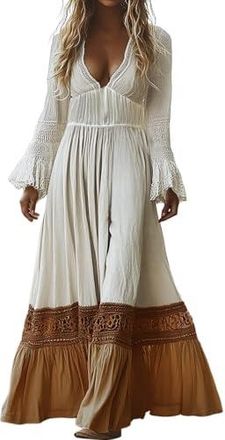 Generic Robe longue boh&egrave;me en dentelle &agrave; manches longues et col en V avec boutons d&eacute;coratifs, taille smock&eacute;e, avec poches, 2026, blanc, XXL