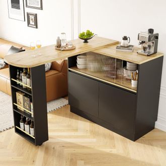 Liberte Meuble de bar pivotant 360&deg;, 90&times;45&times;100 cm, buffet moderne avec rangements et porte en verre, Noir/bois