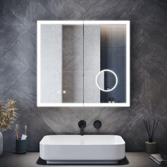 Sonni Badspiegel Spiegelschrank mit LED Beleuchtung Vergr&ouml;&szlig;erungsspiegel, 3 Einstellbare Lichtfarben und Anti-Beschlag, Doppelt&uuml;rig 650x600mm