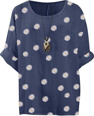 Love my Fashions Haut en coton italien Lagenlook &agrave; col rond manches 3/4 d&eacute;contract&eacute; marguerite imprim&eacute; floral pour femme Taille unique (42-48), bleu marine, taille uni
