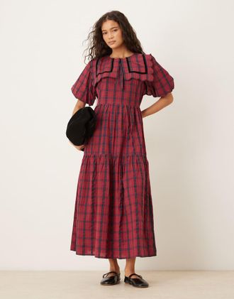 Neon Rose Robe longueur mollet &eacute;tag&eacute;e &agrave; carreaux avec col - Bordeaux-Rouge