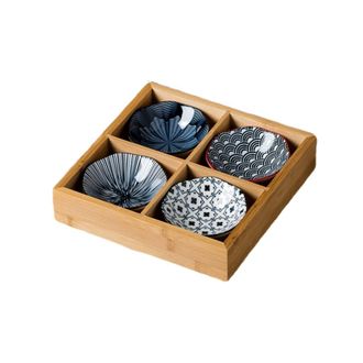 Generic Keramik Servierschalen Set 4er Dip Sch&auml;lchen mit Bambus Servierplatte, Ideal f&uuml;r Tapas, Antipasti, Sushi,Raclette oder Fondue (GB6014)