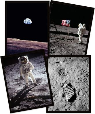 Wee Blue Coo Apollo 11 Astronaut Aldrin Armstrong 50th Anniversary Moon Landing Saturn V Rocket Black Framed Wall Art Print Poster Home Decor Premium Pack of 4 Mon