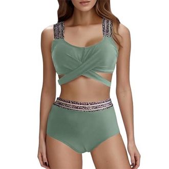 Generic Maillot de Bain pour Femme Push Up Rembourr&eacute; Deux Taille Haute avec Haut Sexy 2 Pi&egrave;ces Triangle Bikini Set Ties-Up R&eacute;glables Dos Nu Bandeau Contr&ocirc;le d