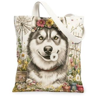 Generic Sac fourre-tout en toile r&eacute;utilisable avec motif de chien malamutes de lAlaska, 33 x 38,1 cm, motif chiot de campagne rustique, sac d&eacute;picerie pour fem