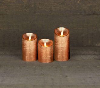 Coen Bakker 3er Set Kerze LED Echtwachskerze 10 cm + 12,5 cm + 15 cm Kerze Ø 7,5 cm viele Farben mit Timer flackender Docht Wachskerze Kerzen, Farbe:Kupfer