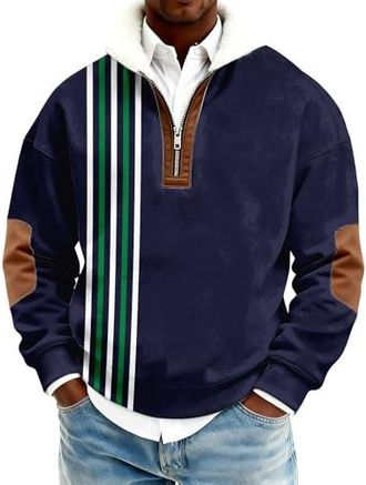 Generic Sweat-shirt &agrave; manches longues pour homme &agrave; rayures avec col montant et demi-fermeture &eacute;clair - Pull classique l&eacute;ger - Chemises amples et douces - Cost