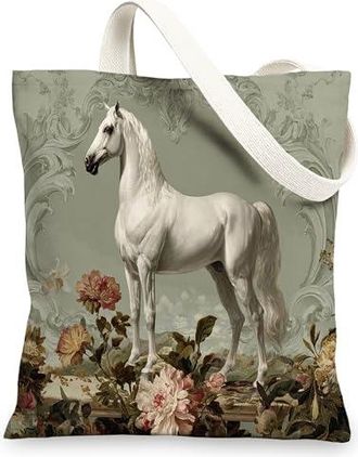 Generic Sacs fourre-tout vintage en toile motif floral élégant, sacs à provisions réutilisables, légers et lavables avec bandoulière, blanc, 13x15 Inch