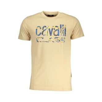 Cavalli Homme, Tops, Beige, Taille: 2XL T-shirt en Coton Beige avec Logo Élégant