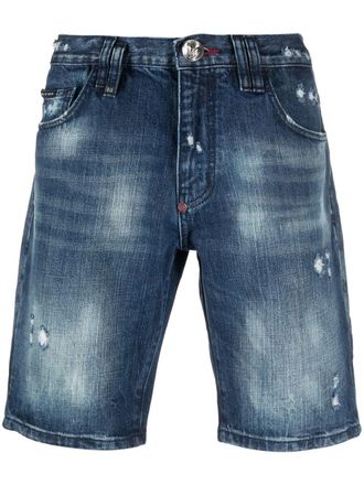 Philipp Plein short en jean &agrave; effet us&eacute; - Bleu